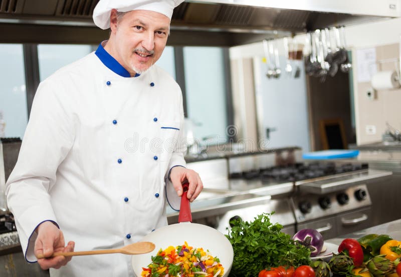 Chef Cooking in His Kitchen Stock Photo - Image of people, vegetable ...