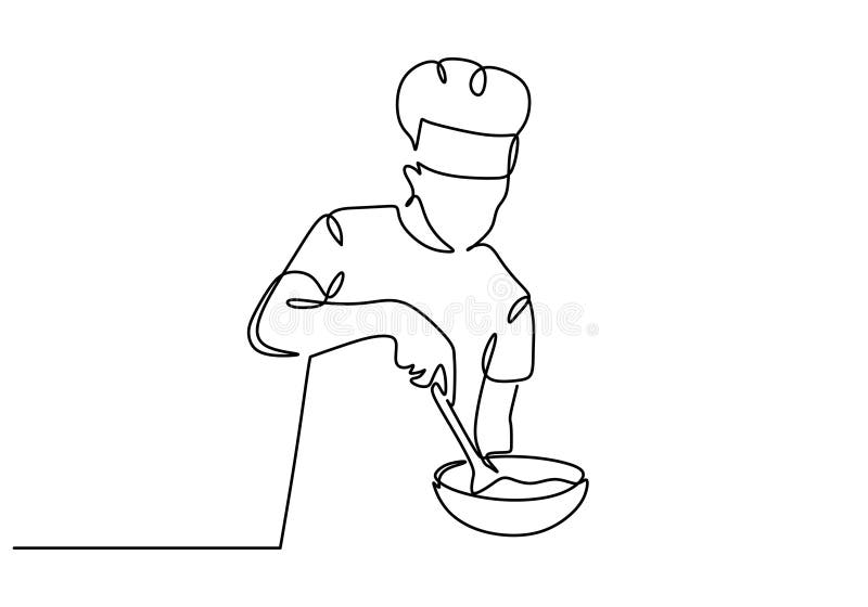 Chef Cooking at Kitchen with Pan Continuous Line Drawing. Vector ...