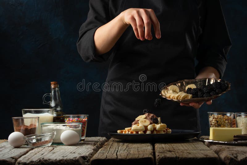 Chef Cooking in the Kitchen Preparing Sweet Waffles, Culinary Cheese ...