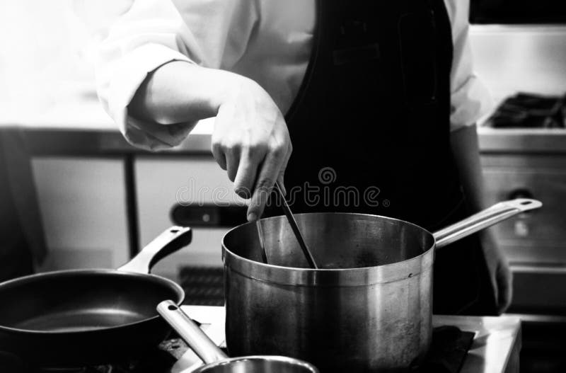 Chef Cooking in a Kitchen, Chef at Work, Black and White Stock Photo ...
