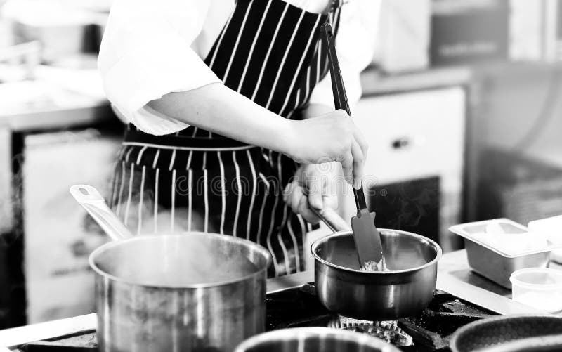 Chef Cooking in a Kitchen, Chef at Work, Black & White Stock Photo ...