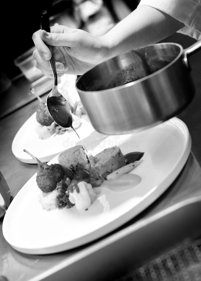 Chef Cooking in a Kitchen, Chef at Work, Black and White Stock Photo ...