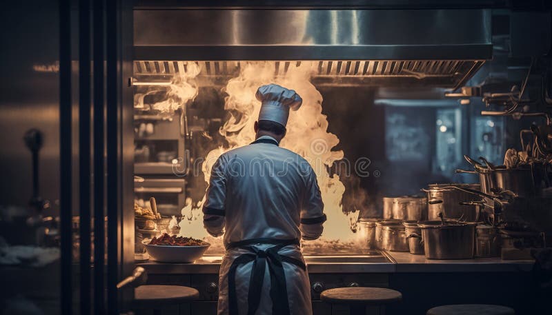 Chef Cooking in a Large Restaurant Kitchen with Flames and Fire ...