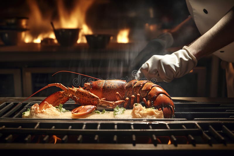Chef Cooking Lobster in Restaurant Kitchen, Closeup. Restaurant Menu ...