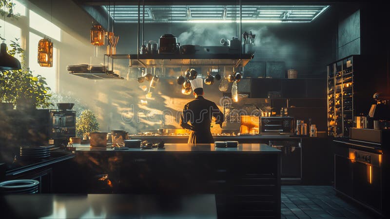 A Chef Cooking in a Modern Kitchen Filled with Warm Light and Rich ...