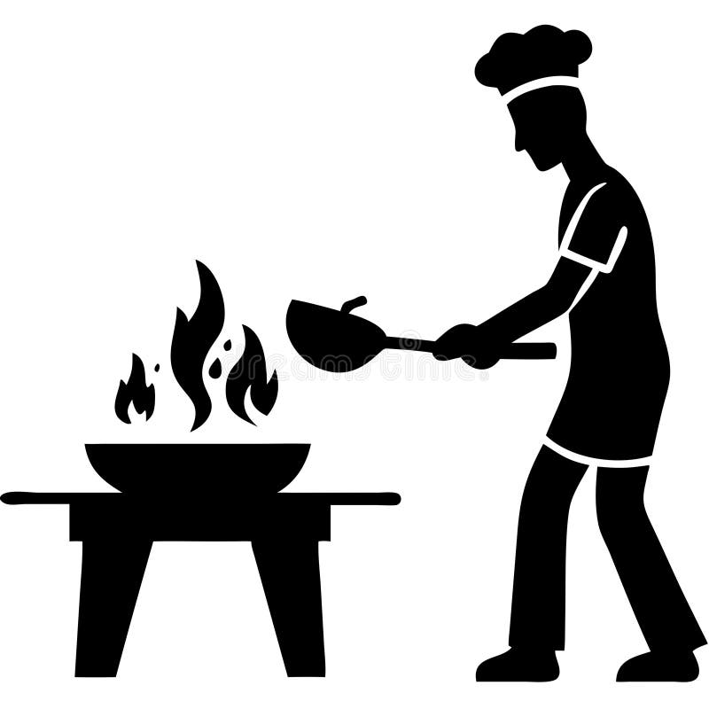 Chef Cooking on Open Flame Silhouette Vector for Culinary Design Stock ...