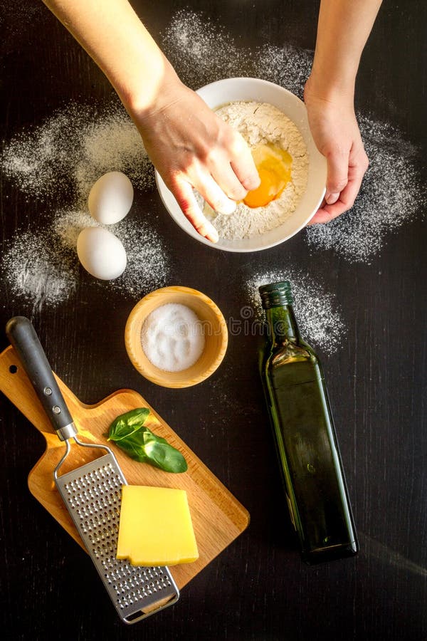 Chef Cooking Pasta Top View on Dark Background Stock Image - Image of ...