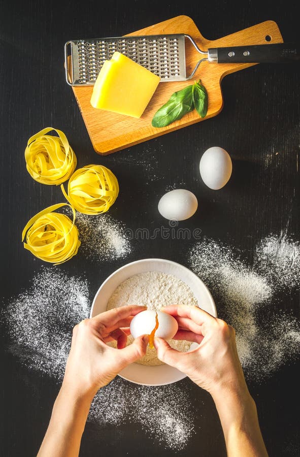 Chef Cooking Pasta Top View on Dark Background Stock Image - Image of ...