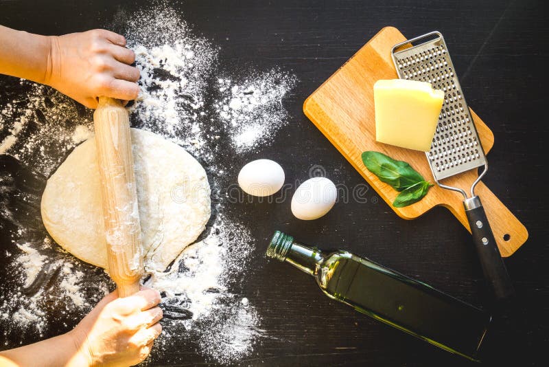 Chef Cooking Pasta Top View on Dark Background Stock Image - Image of ...