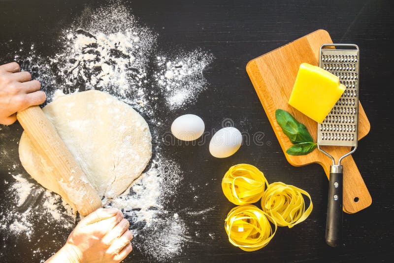 Chef Cooking Pasta Top View on Dark Background Stock Image - Image of ...