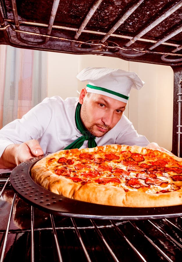 Chef Cooking Pizza in the Oven. Stock Image - Image of cheese, baking ...