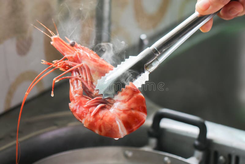 Chef Cooking with Red Cooked Prawn or Tiger Shrimp Stock Image - Image ...