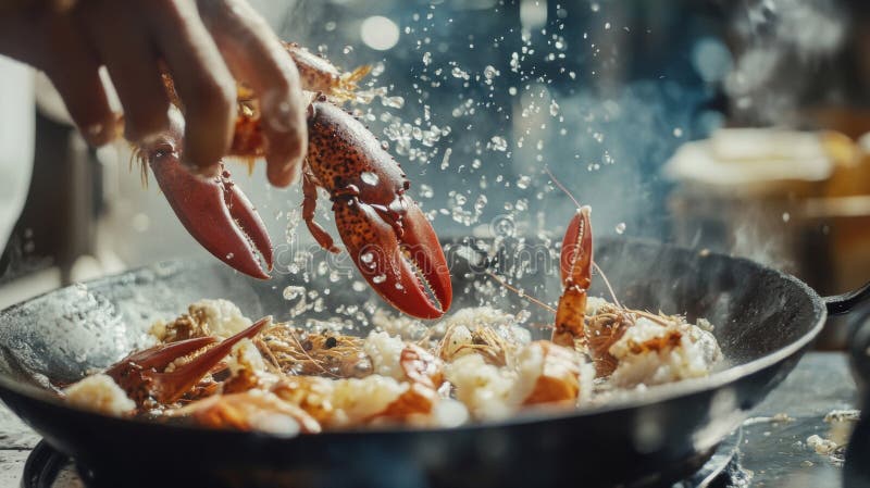 Chef Cooking Red Crayfish in a Wok with Splashing Water Stock ...