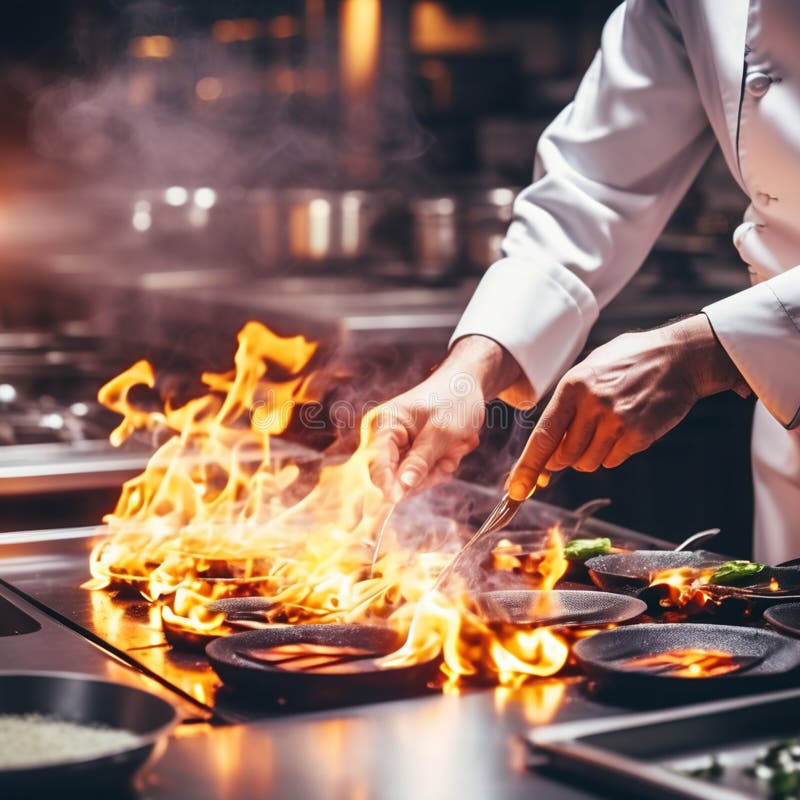 Chef Cooking on a Restaurant with Smoky Background Stock Illustration ...