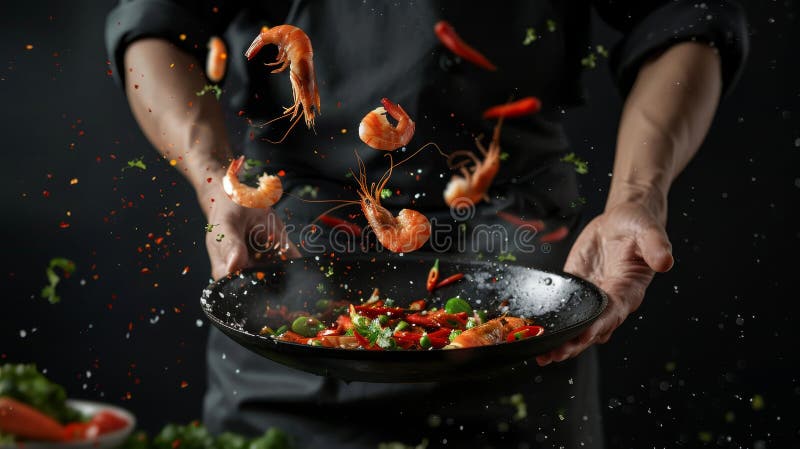 A Chef is Cooking Shrimp in a Pan and the Shrimp are Flying Out of the ...