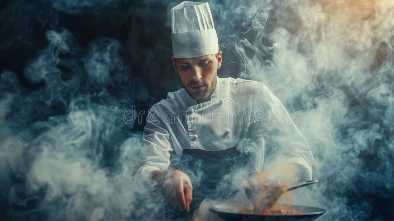 Chef Cooking with Smoke in Dramatic Kitchen Setting Stock Photo - Image ...