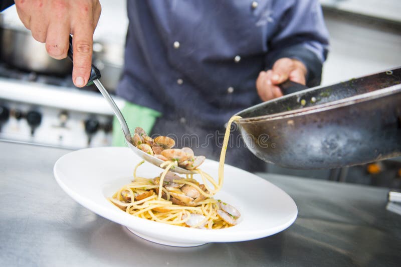 Chef is Cooking Spaghetti Alla Vongole Stock Image - Image of cuisine ...