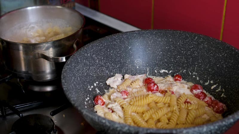 Chef is Cooking Spaghetti Carbonara in the Kitchen. Step by Step ...