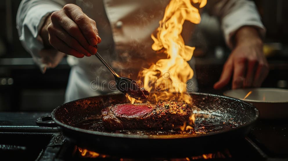 Chef Cooking Steak with Flames in a Professional Kitchen Setting Stock ...