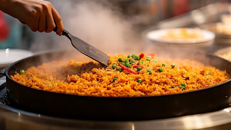Chef Cooking Steaming Fried Rice in a Large Pan with Vegetables Stock ...
