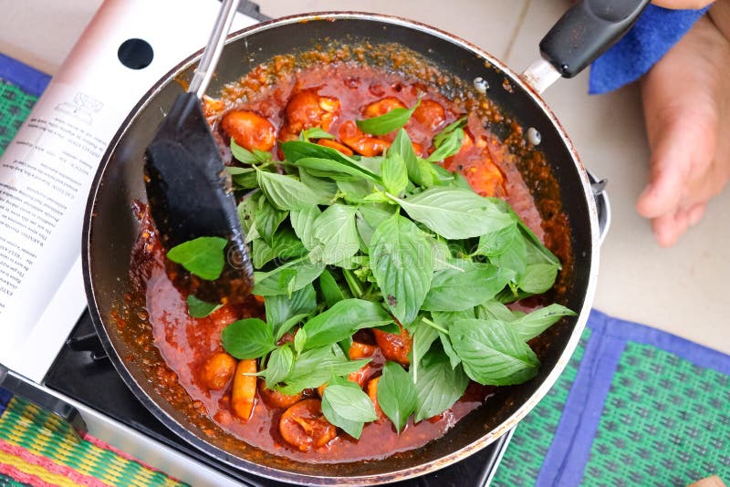 Chef Cooking Thai Style Food with Basil Stock Photo - Image of cooking ...