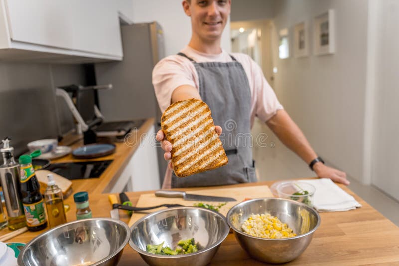 Chef Cooking White Bread Toasted on an Electric Grill Stock Photo ...