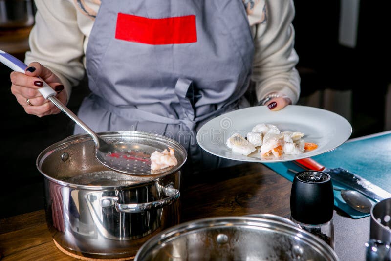 Master Class in the Kitchen. the Process of Cooking. Chef Cooks Shrimp ...