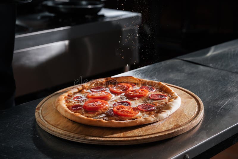 Chef Cooks Traditional Italian Pepperoni Pizza in Kitchen Stock Image ...