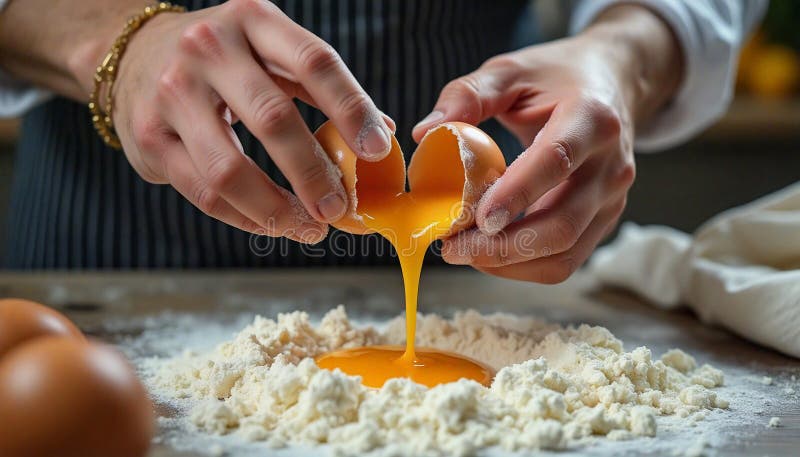 Chef Cracking Egg into Flour for Baking Dough Stock Illustration ...