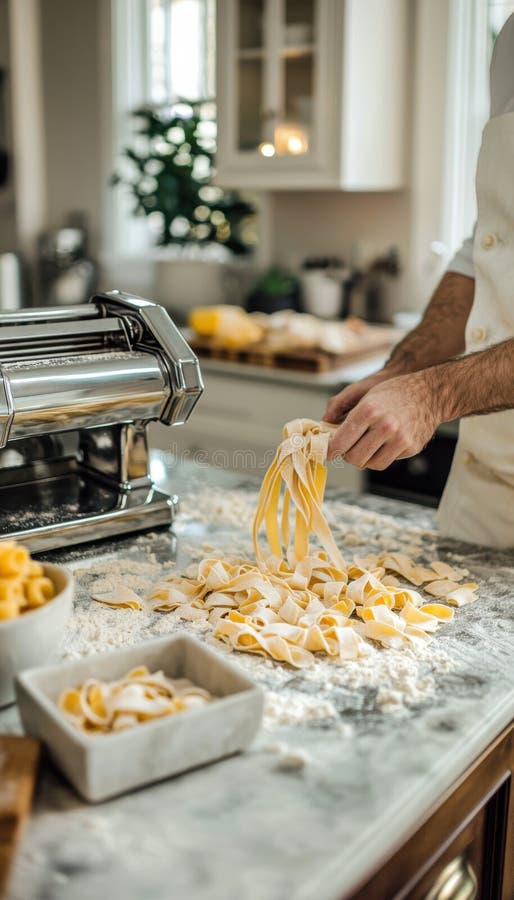 Chef Crafting Fresh Pasta Strands in Cozy Kitchen Setting for Culinary ...