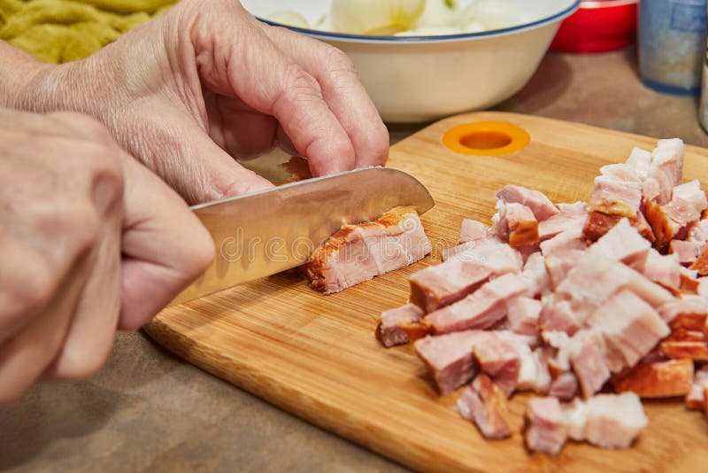 Chef Cuts Bacon in the Kitchen for Recipe Stock Image - Image of cubes ...