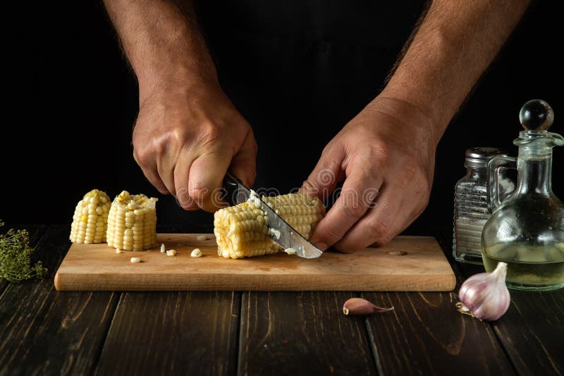 Chef Cuts Boiled Corn Kernels with a Knife. Maize is an Excellent ...