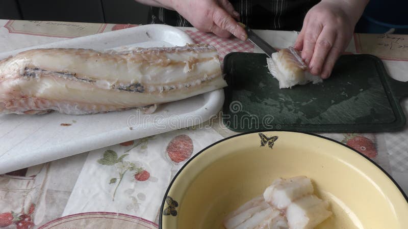 The chef cuts cod fish stock video. Video of kitchen - 240740205