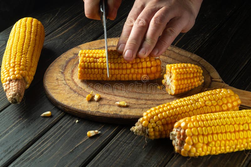 Chef Cuts Corn Kernels with a Knife. Maize is an Excellent Dietary ...