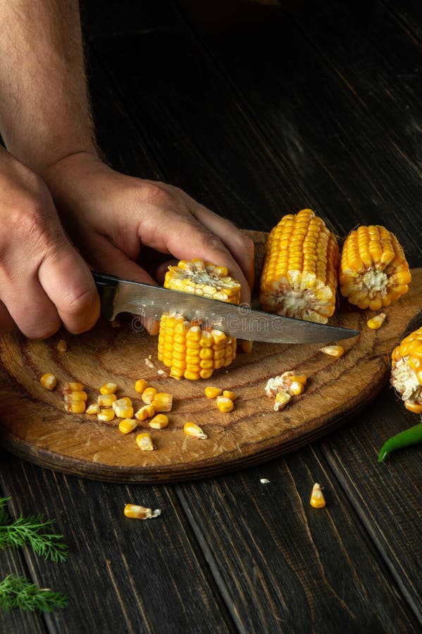 The Chef Cuts Corn with a Knife. Maize is an Excellent Dietary ...