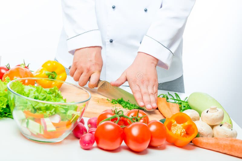 Chef Cuts the Different Vegetables in a Bowl for the Salad Stock Photo ...