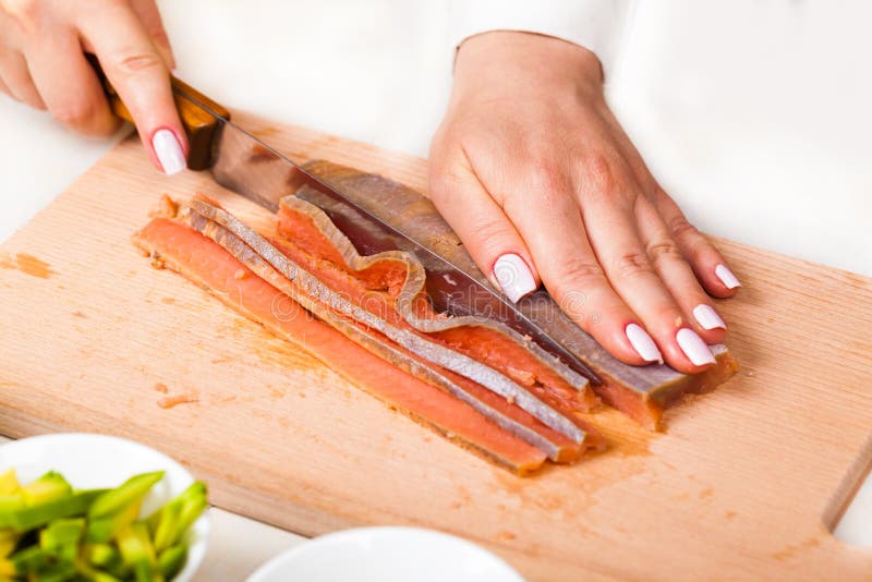 Chef Cuts the Fillet of Red Fish Closeup Stock Image - Image of dinner ...