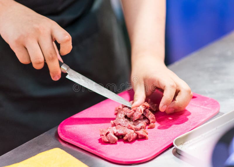 Chef Cutting Beef Meat, Cutting Raw Meat on Board in Kitchen Stock ...