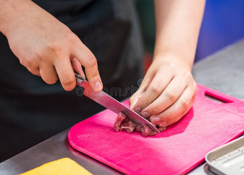 Chef Cutting Beef Meat, Cutting Raw Meat on Board in Kitchen Stock ...