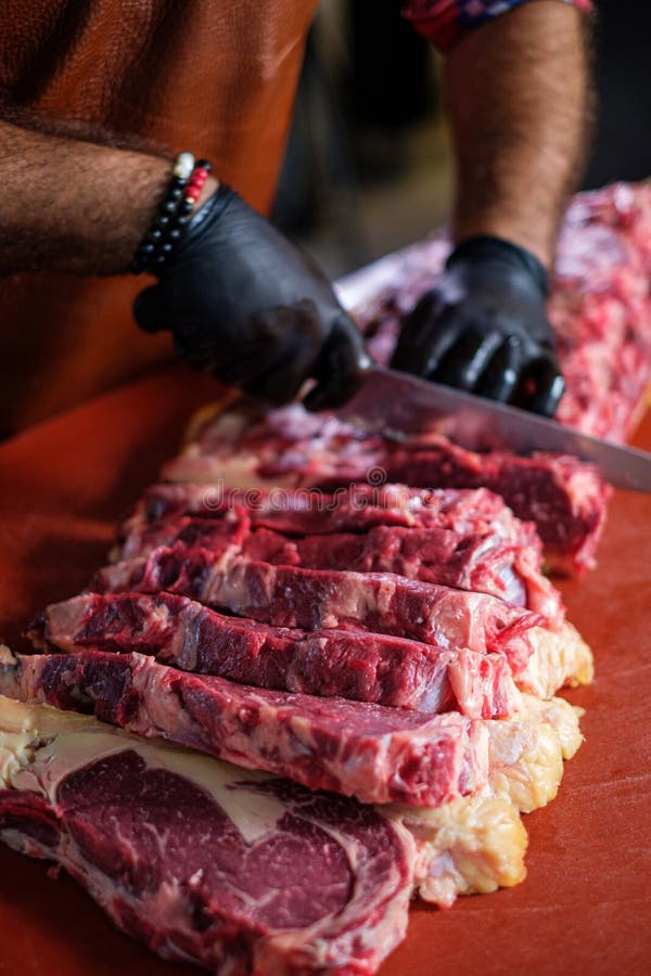 Chef Cutting Beef Steakes in a Restaurant Stock Image - Image of loin ...