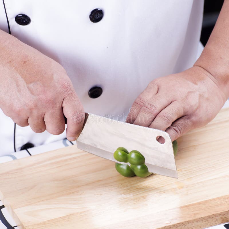 Chef Cutting Green Bell Pepper Stock Image - Image of hand, cutting ...