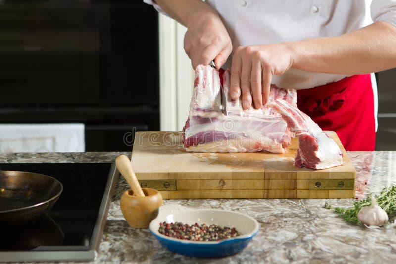 Chef Cutting the Meat Hand Sliced Lamb at Kitchen Stock Image - Image ...
