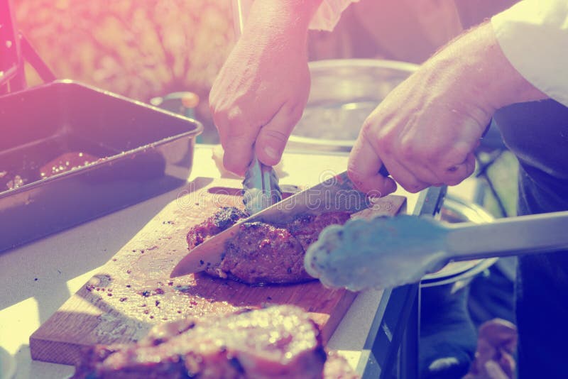 Chef is Cutting Meat, Toned Picture Stock Image - Image of ribeye, game ...