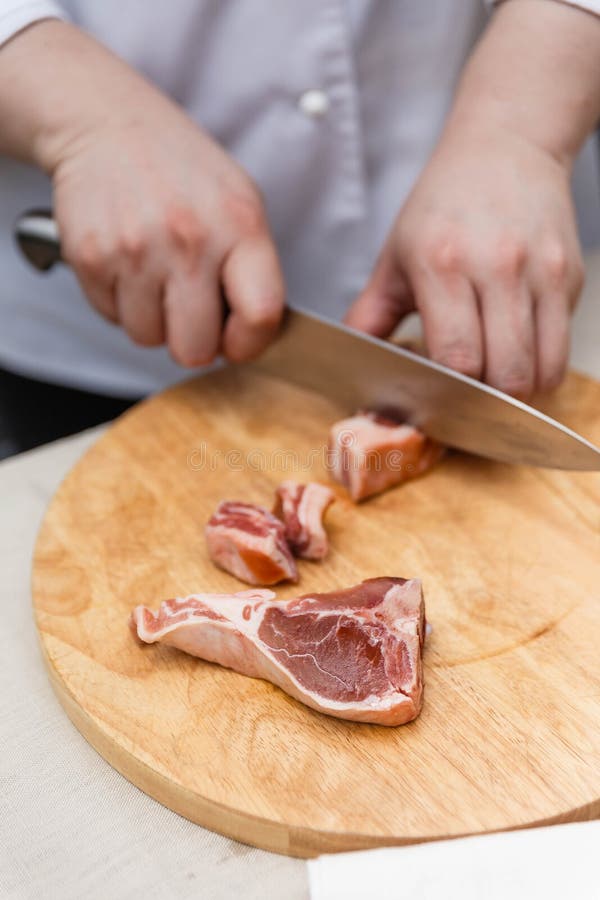 Chef Cutting Raw Meat on the Wood Block Stock Image - Image of meal ...