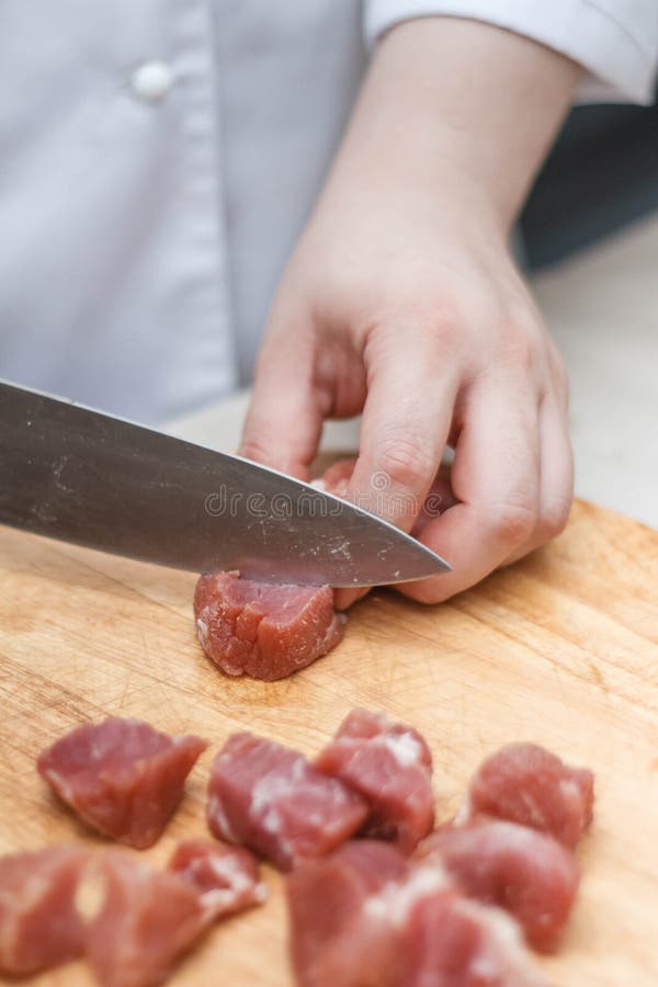 Chef Cutting Raw Meat on the Wood Block Stock Image - Image of baked ...