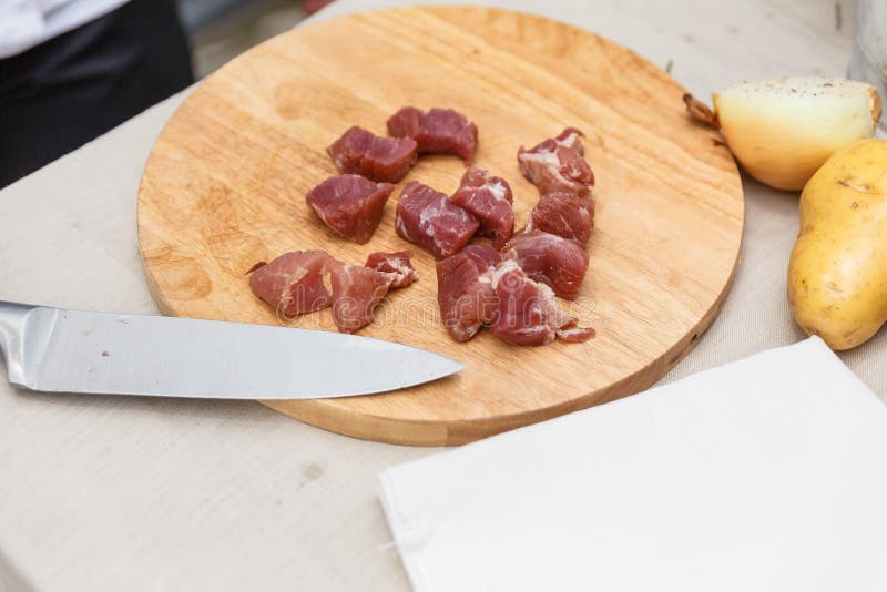 Chef Cutting Raw Meat on the Wood Block Stock Photo - Image of portion ...