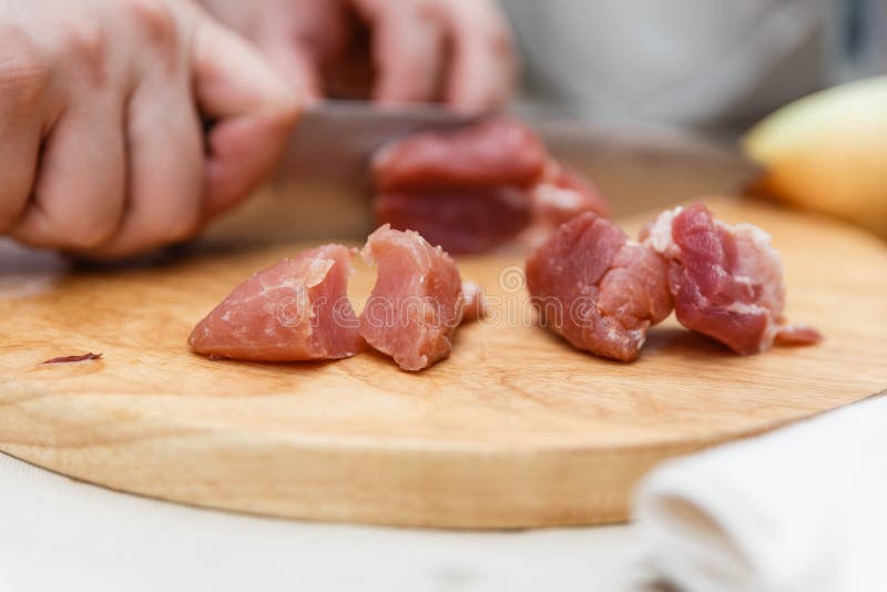 Chef Cutting Raw Meat on the Wood Block Stock Image - Image of board ...