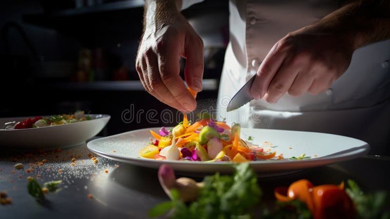 A Chef is Cutting Up a Salad on a Plate. AI Generative Image Stock ...