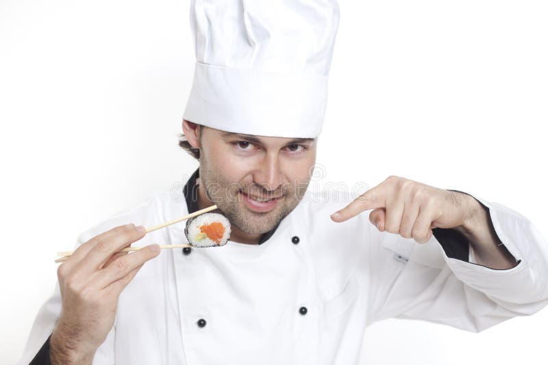 Chef Dans Le Chapeau Du Chef Avec Des Sushi Photo stock - Image du ...