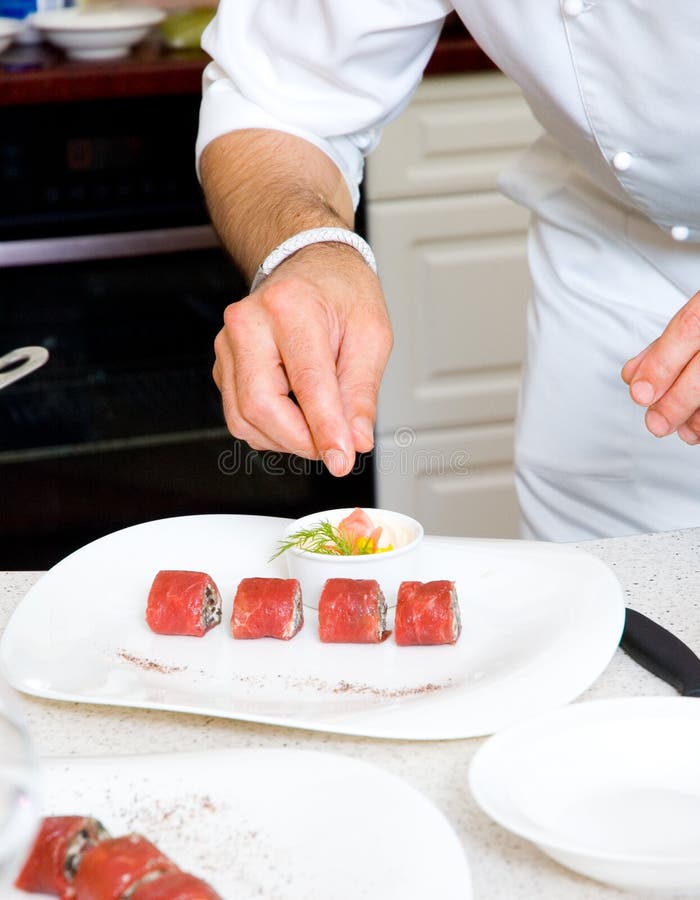 Chef decorate plate stock photo. Image of male, dish - 19309438